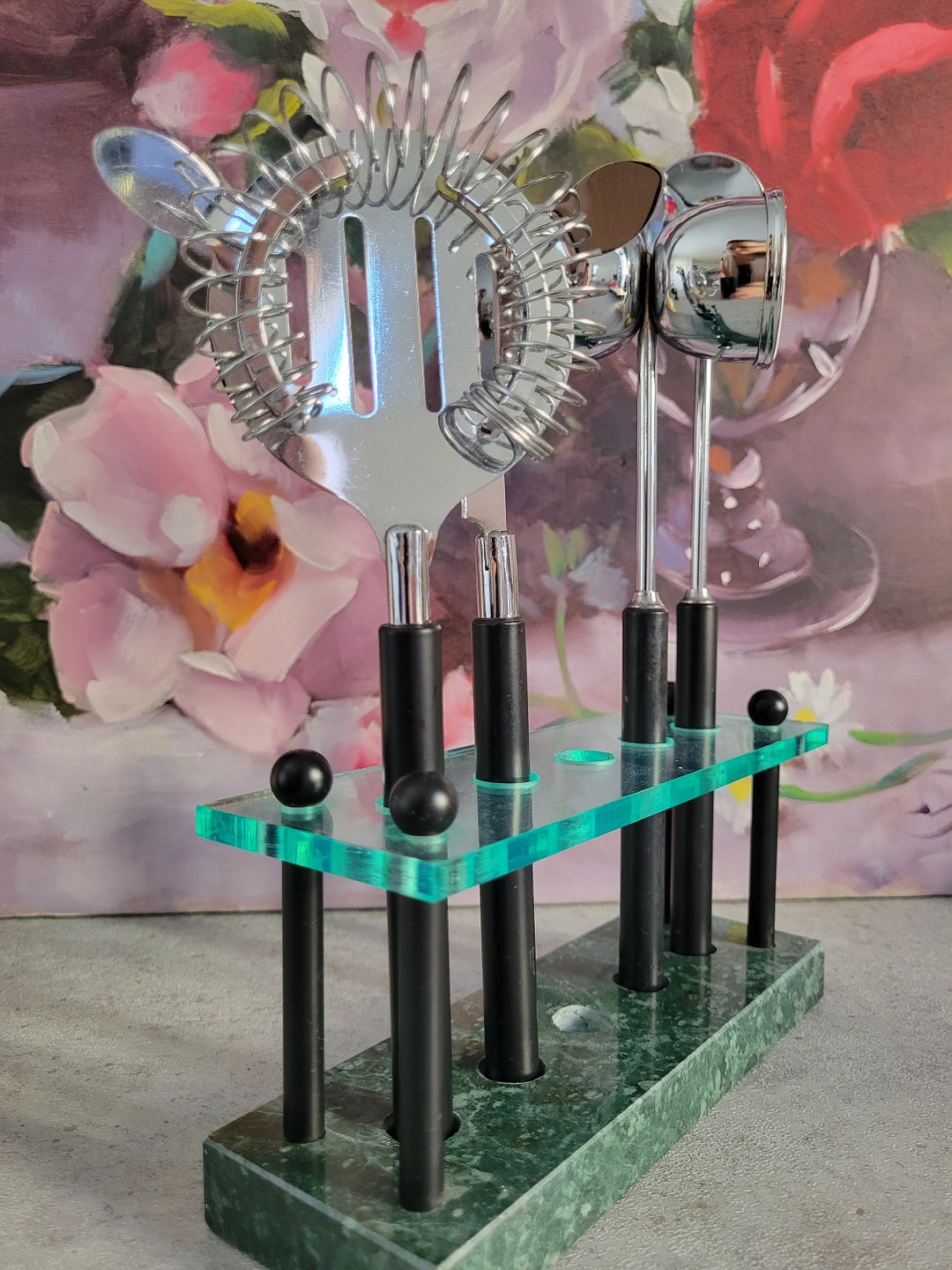 Vintage Barware Set With Marble Stand - Stainless Steel Cocktail Tools ...