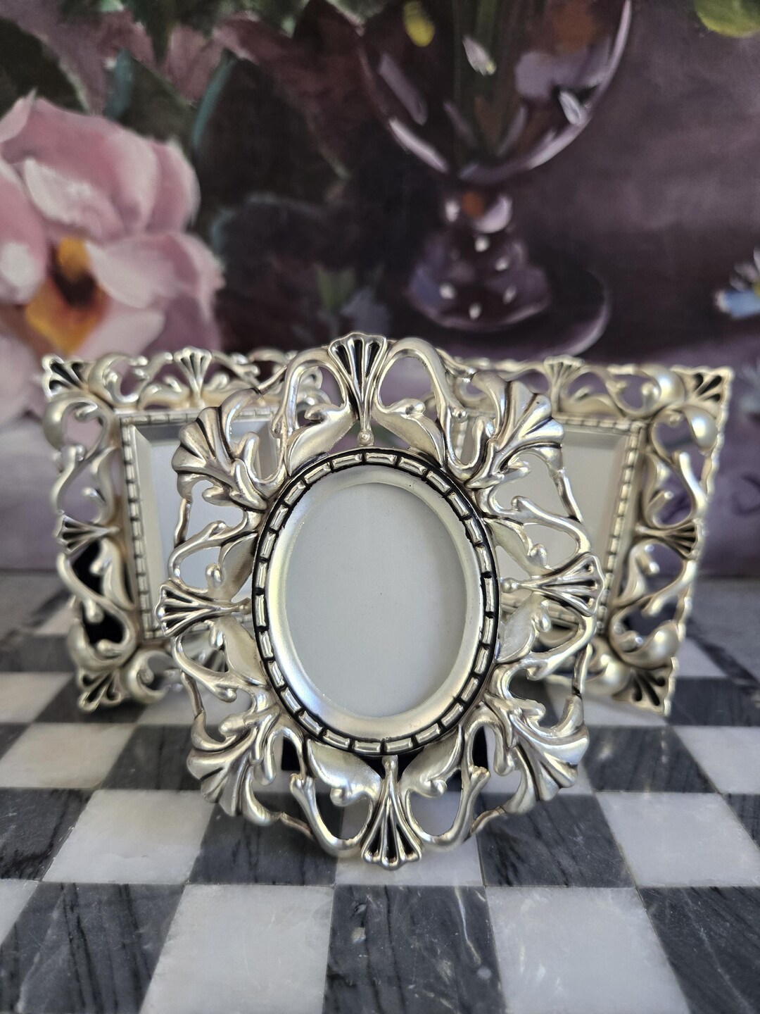 Ornate Photo Frame Set of 3 - Small Metal Frames With Velvet Back, Oval ...