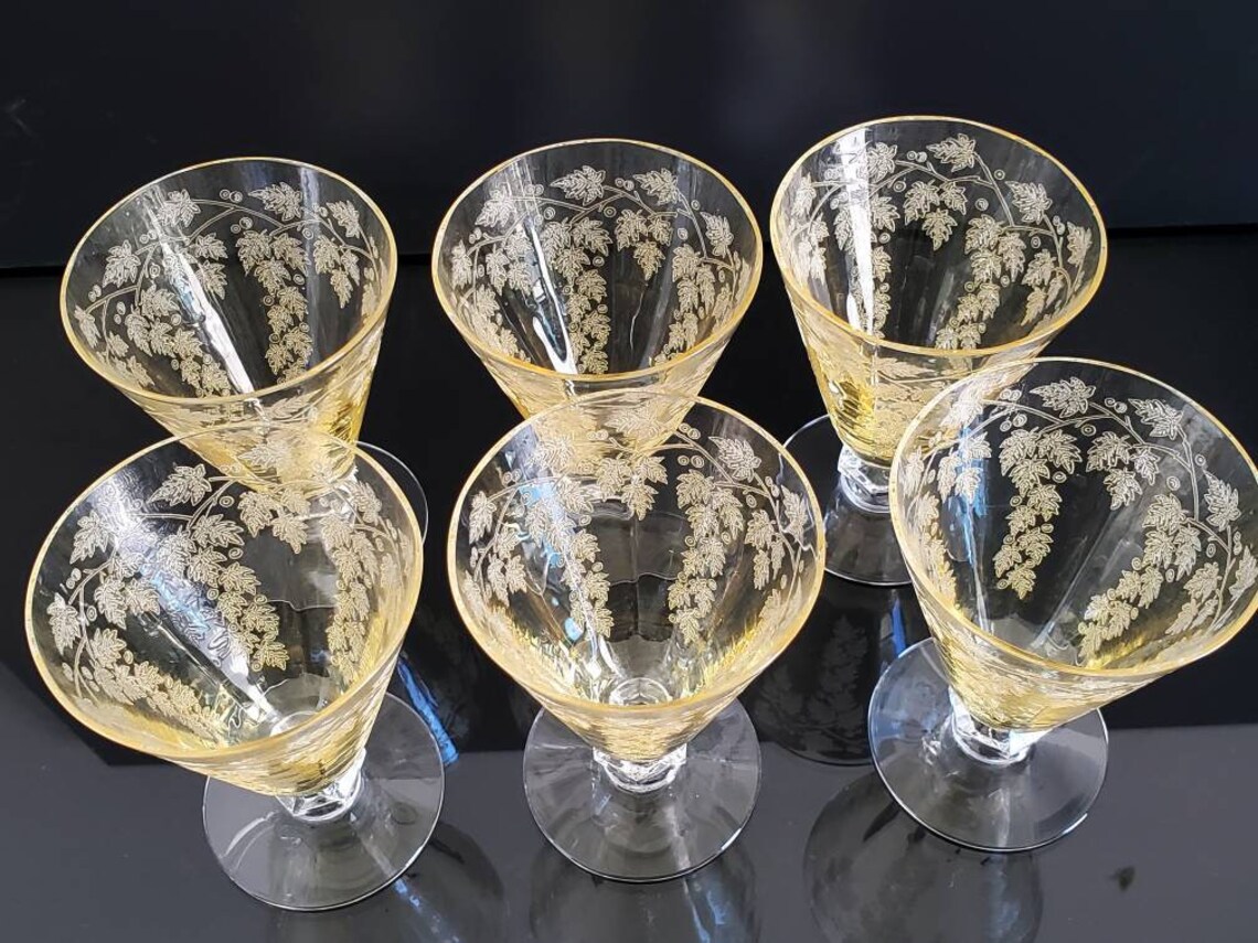 Vintage Yellow Etched Footed Tumblers 4 Small Liqueur - Etsy