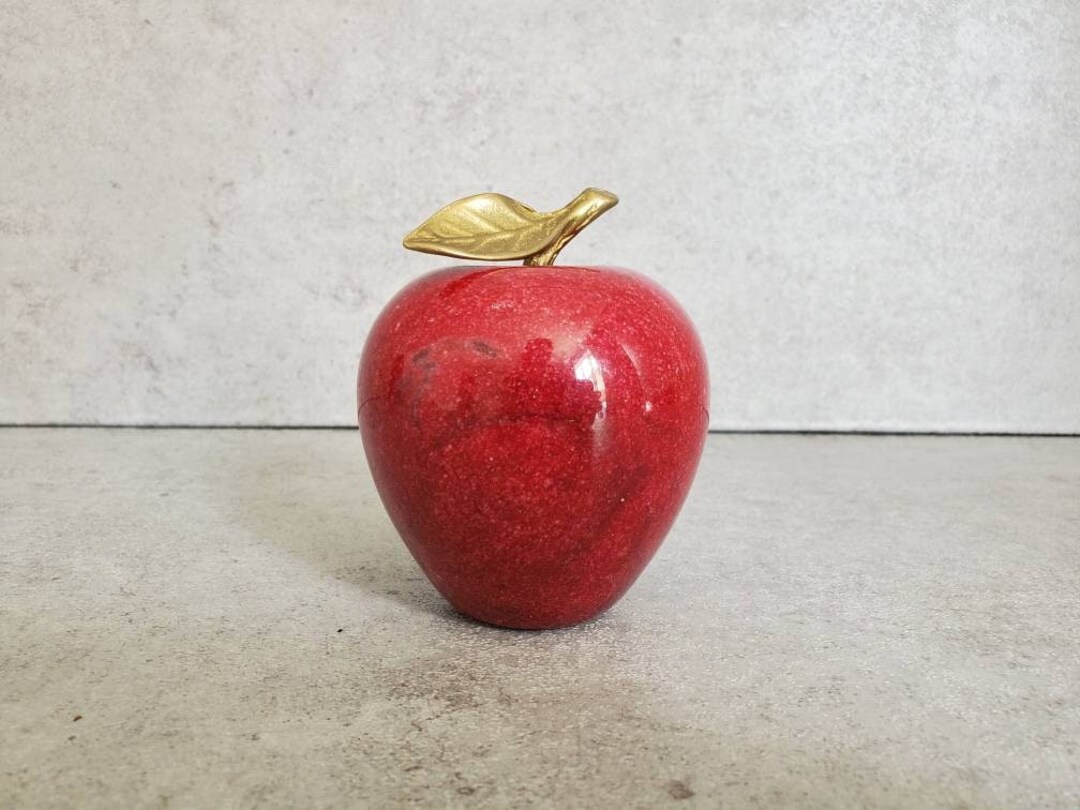 Vintage Red Alabaster Apple With Brass Leaf - Mid-century Modern ...