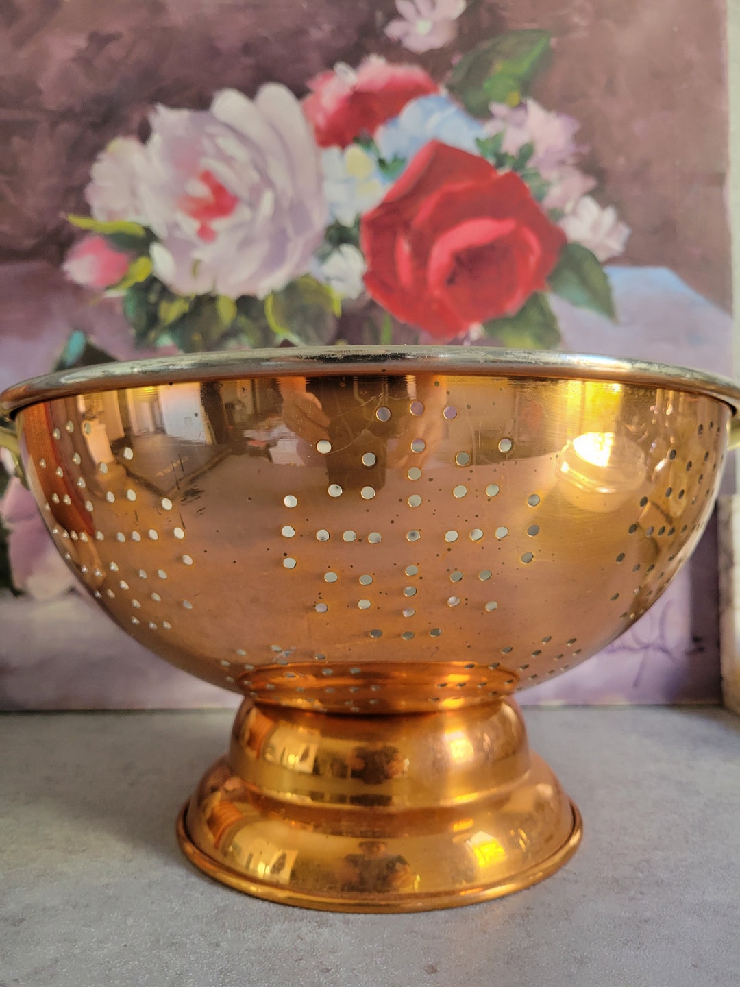 LARGE Copper Colander With Brass Handles Vintage Round Copper Strainer ...