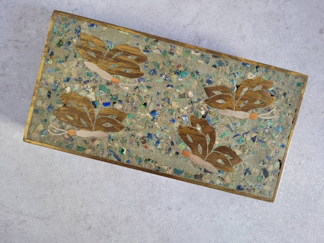 Los Castillo Vintage Taxco Butterfly Brass & Inlaid Stone Box, Made in ...