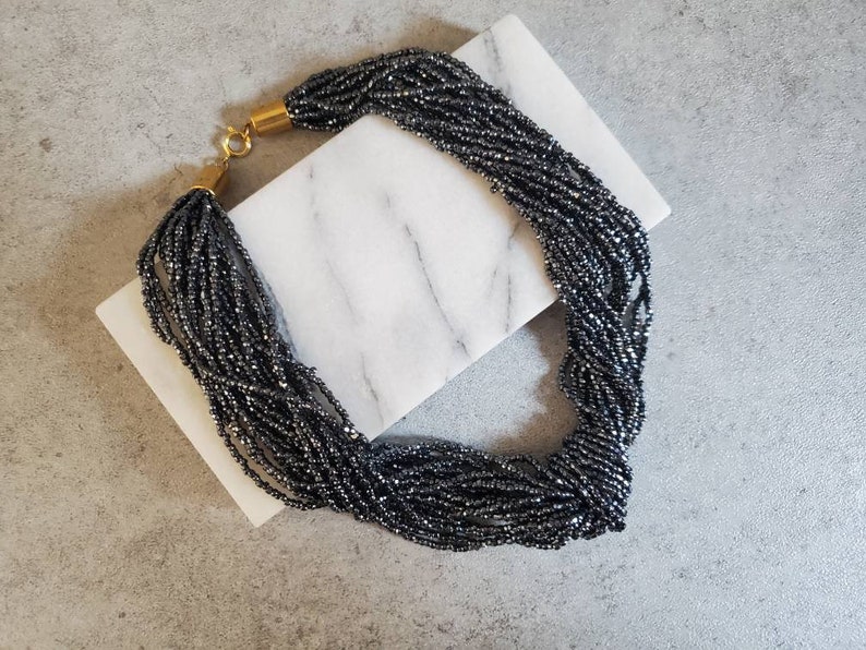 Vintage Micro Beaded Necklace With Ornate Clasp - Knot Metalic Gray ...