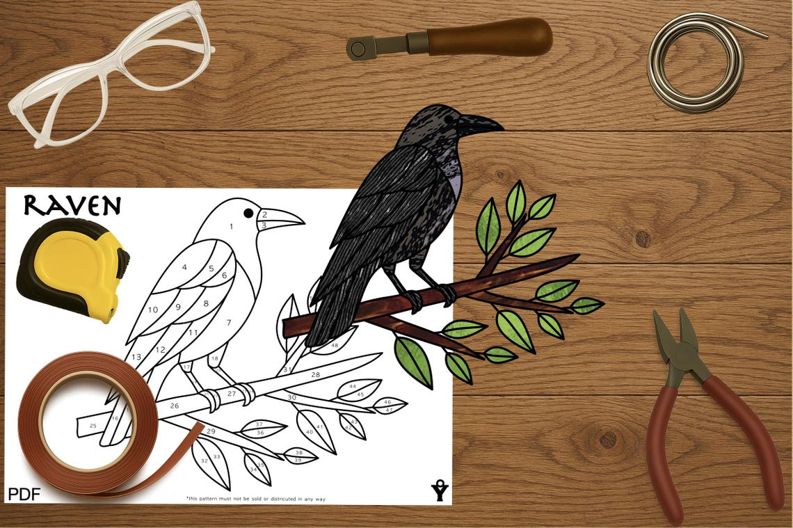 Raven Stained Glass Pattern: DIY Bird Art (PDF, SVG Digital Download ...