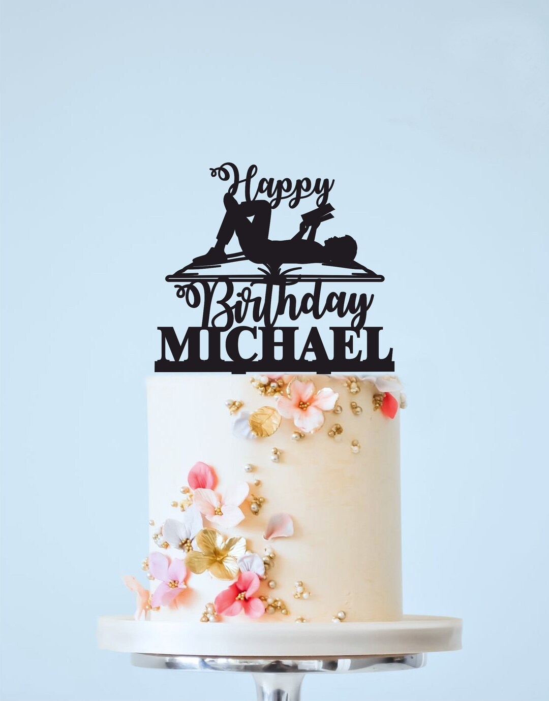 Book Cake Topper, Boy Reading Book Birthday Cake Topper, Book Worm Cake ...