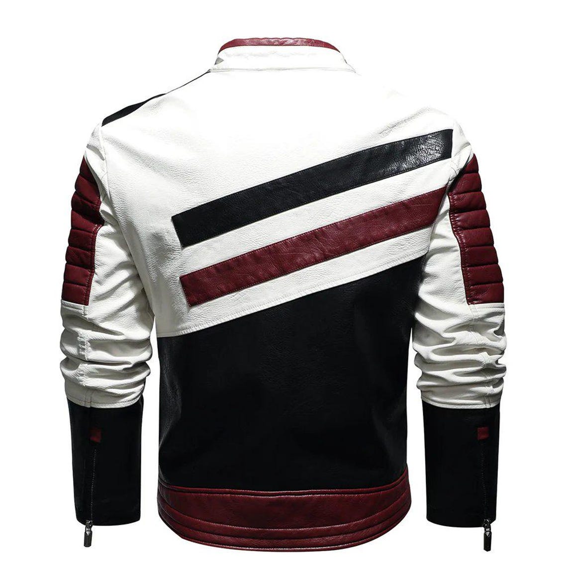 Men’s Retro Biker Leather Jacket – White, Black & Blue Colorblock ...