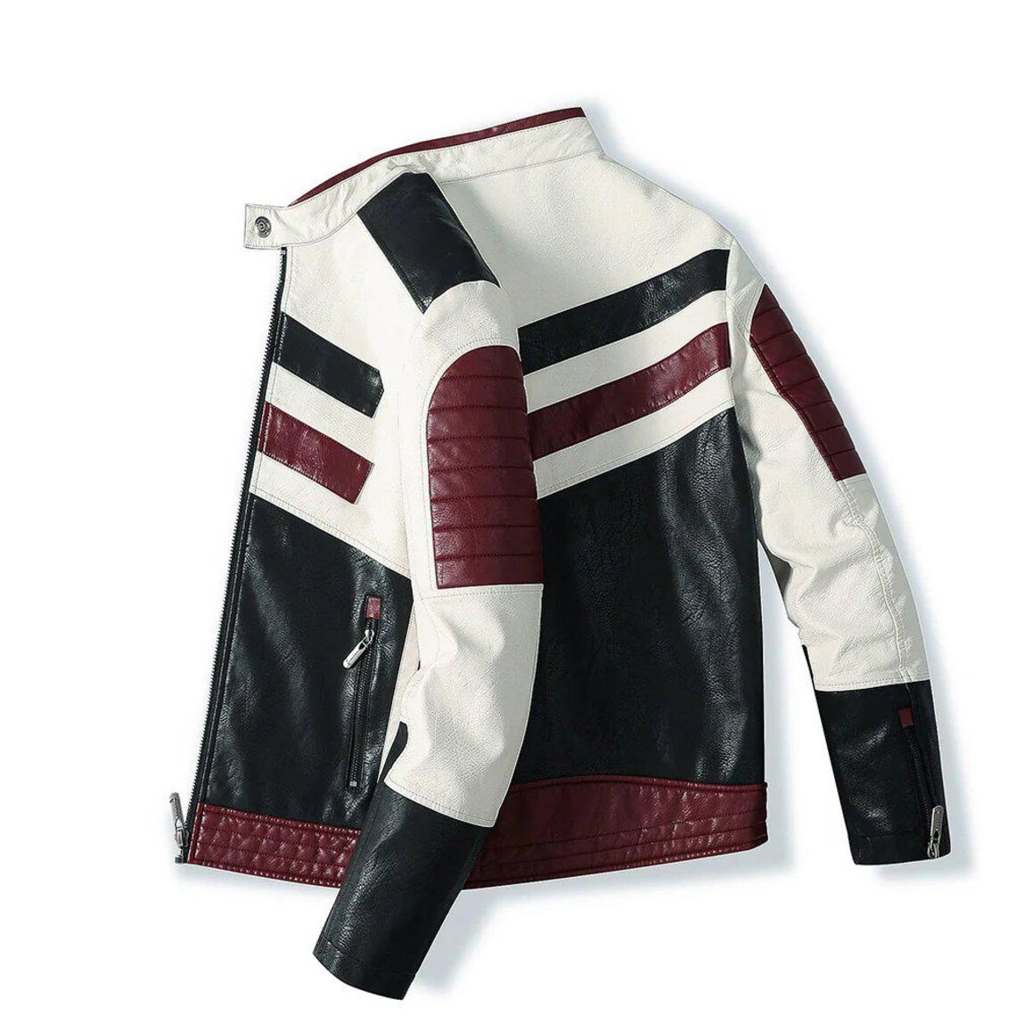 Men’s Retro Biker Leather Jacket – White, Black & Blue Colorblock ...