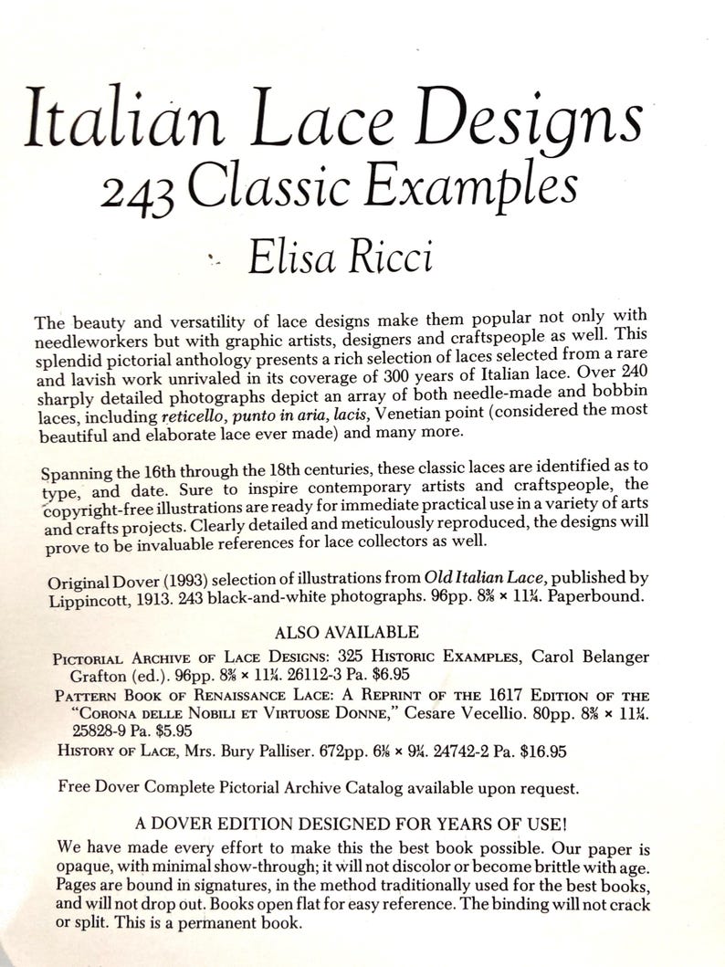Italian Lace Designs 243 Classic Examples Dover Book..elisa Ricci..lace ...