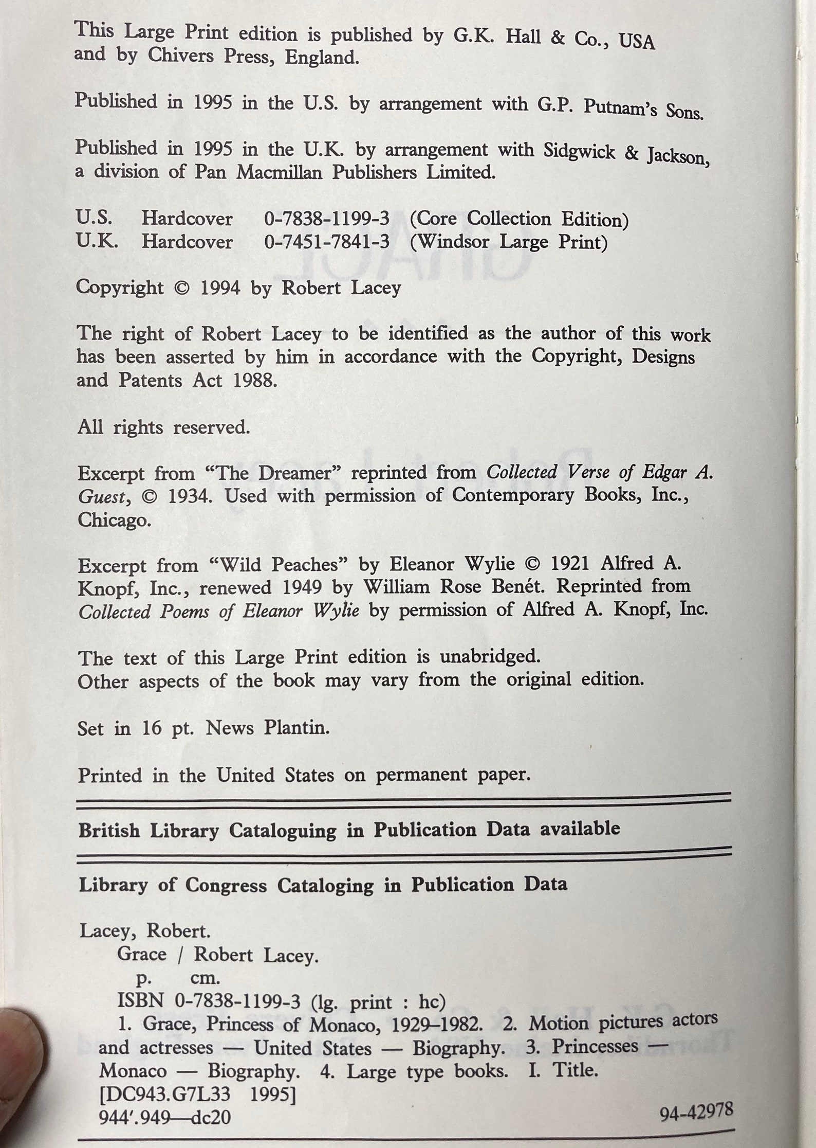 Grace by Robert Lacey.... Vintage Book...Large Print Edition | Etsy