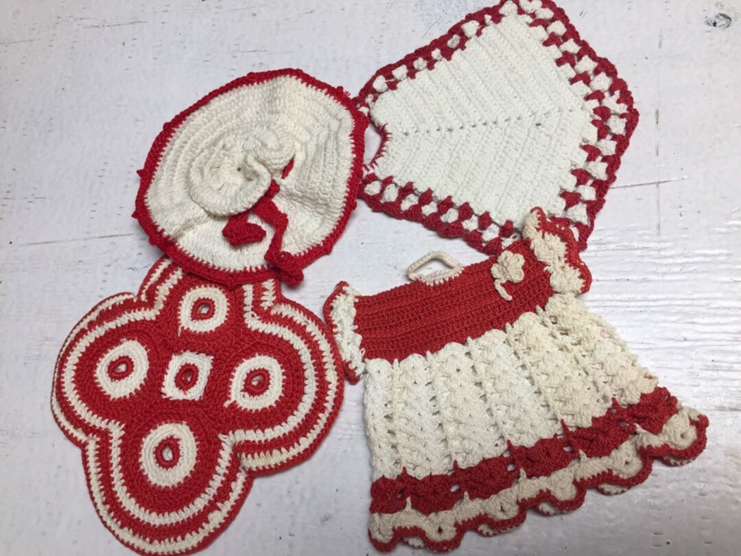 Vintage Red and White Crochet Potholders....handmade...set of Four - Etsy