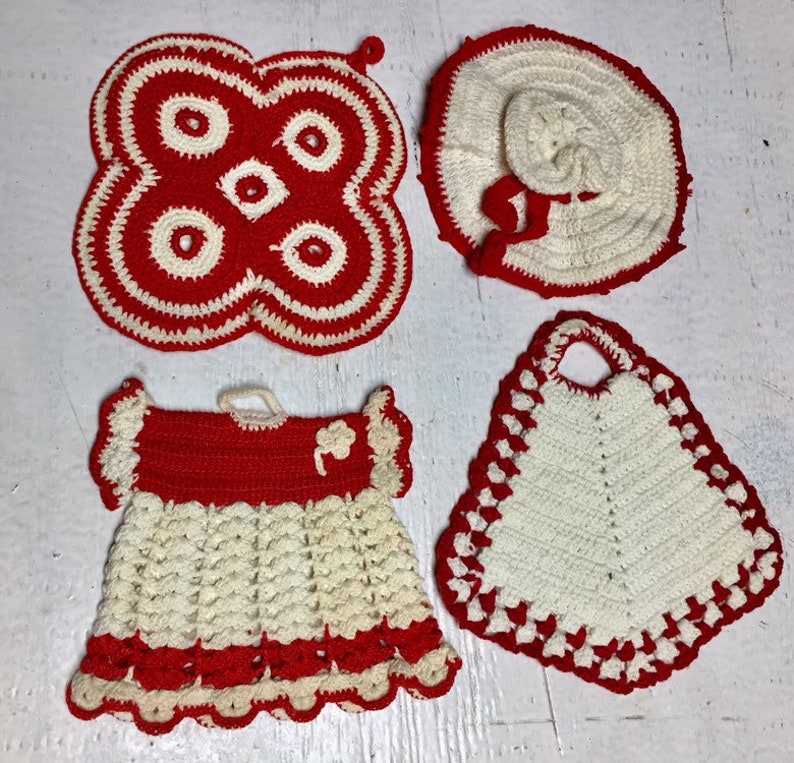 Vintage Red and White Crochet Potholders....handmade...set of Four - Etsy