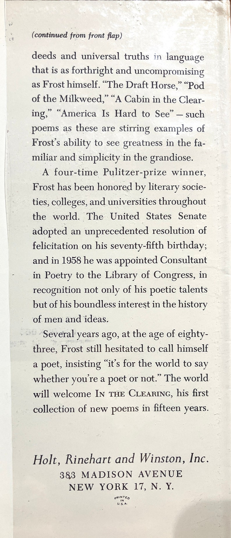 In the Clearing by Robert Frost …poems by Robert Frost…. First Edition ...