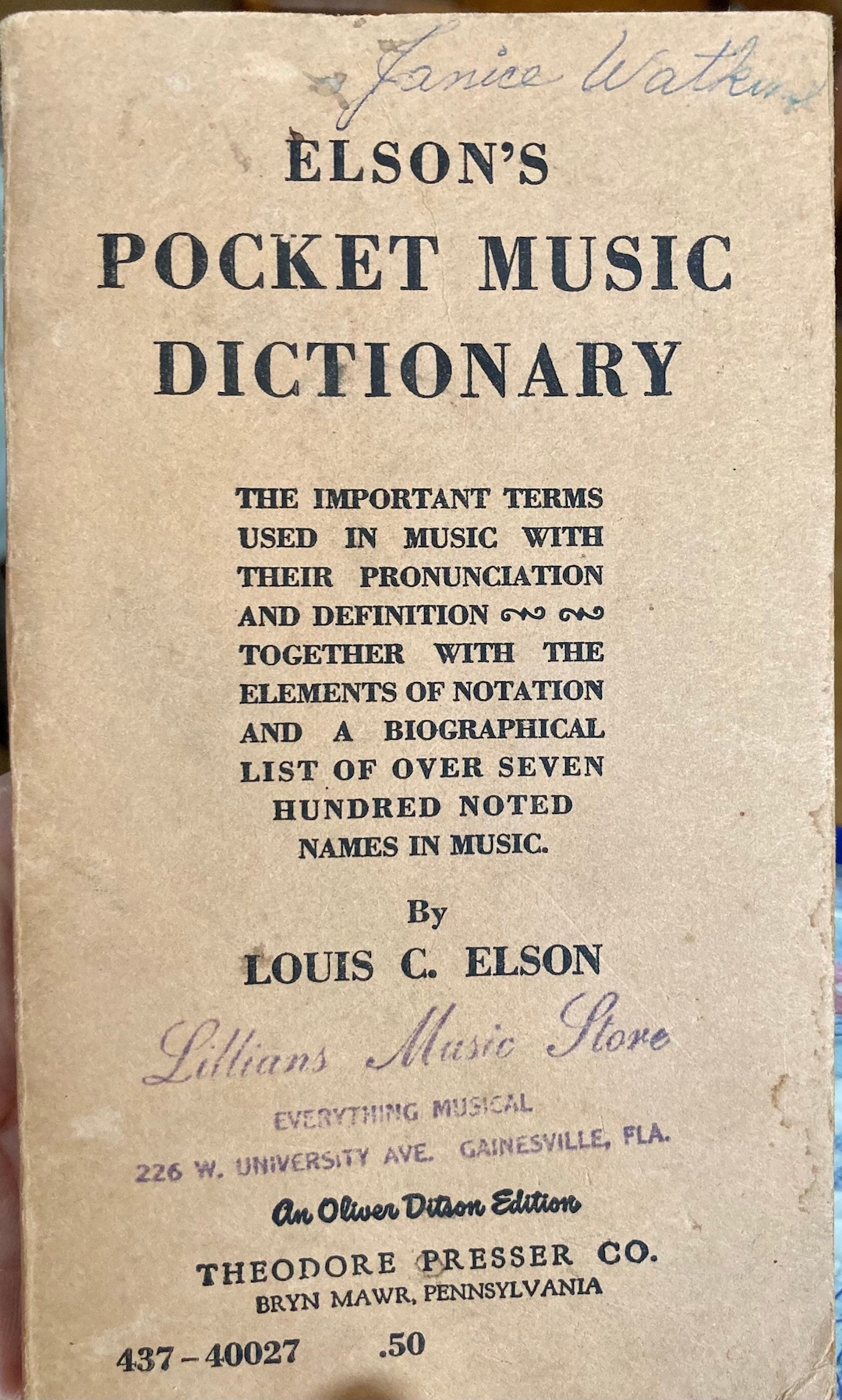 Elson's Pocket Music Dictionary....music Dictionary...vintage Book ...