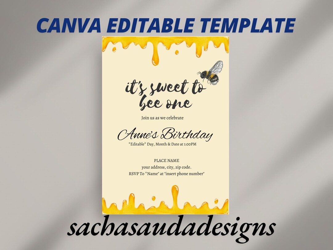 Editable Sweet as Can Bee First Birthday Invitation, Editable Bumble ...