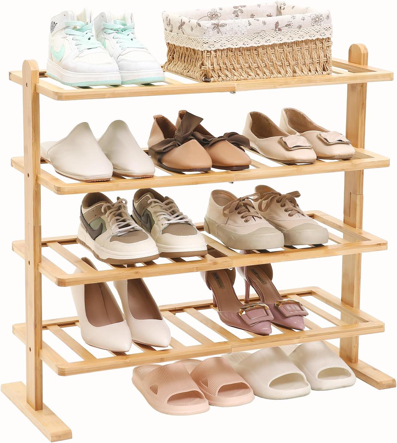 Bamboo Shoe Rack 4 Tier, Thick Wooden Free Standing Shoe Shelf ...