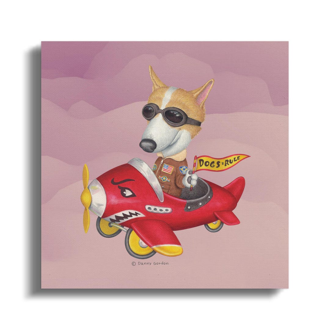Cute Dog Pilot in Red Airplane, Dogs Rule Canvas Wrap Art, Whimsical ...
