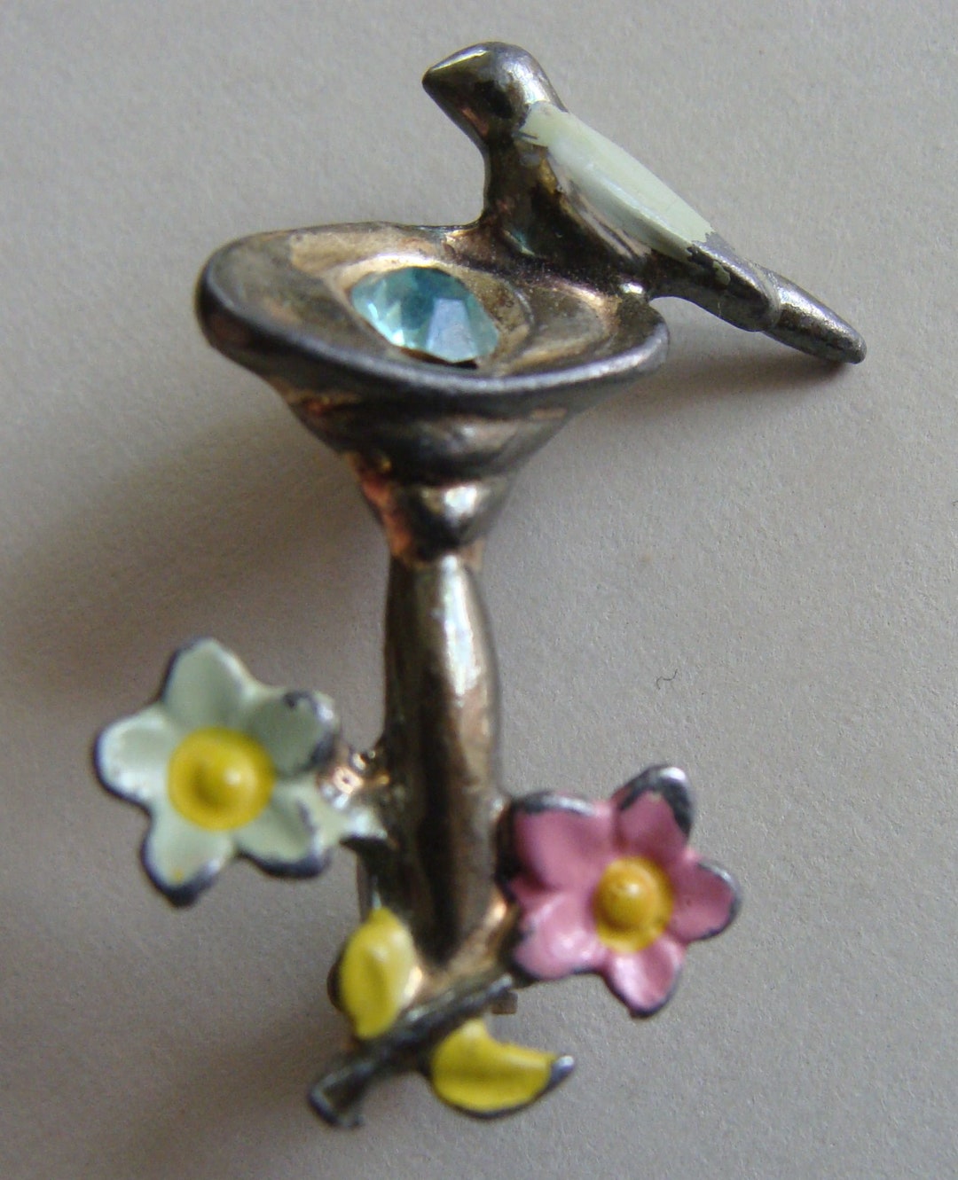Tiny Vintage Bird Bath Pin With Enameled Flowers and Bird, Aquamarine ...