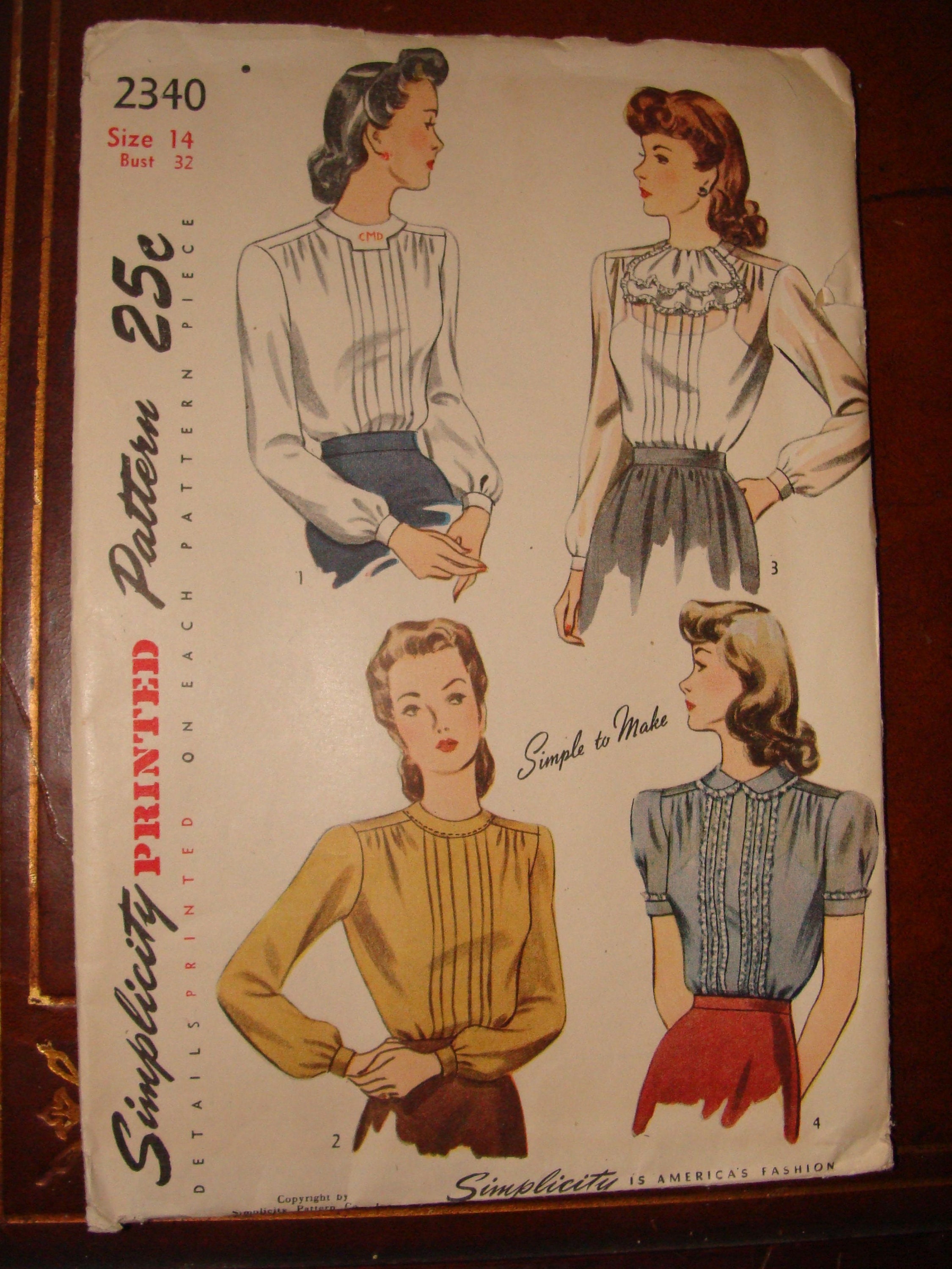 Vintage Simplicity Blouse Pattern 1940's Size 14 Tailored Style With ...