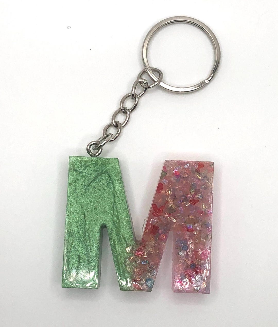 Resin Alphabet Keychain, Letter M, Green With Pink Sparkles - Etsy