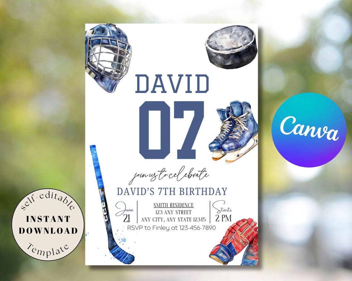 Watercolor Hockey Birthday Invitation: Boys Evite Template (digital ...
