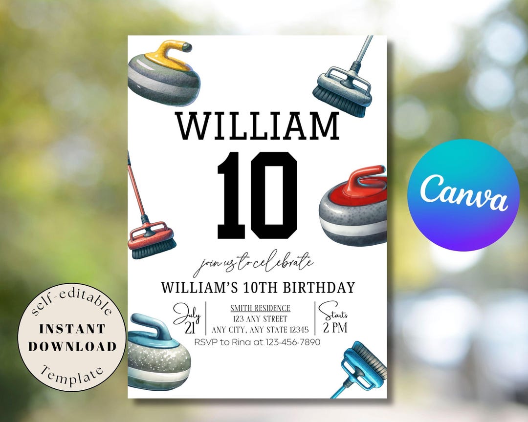 Curling Birthday Invitation Template: Watercolor Rocks & Brooms ...