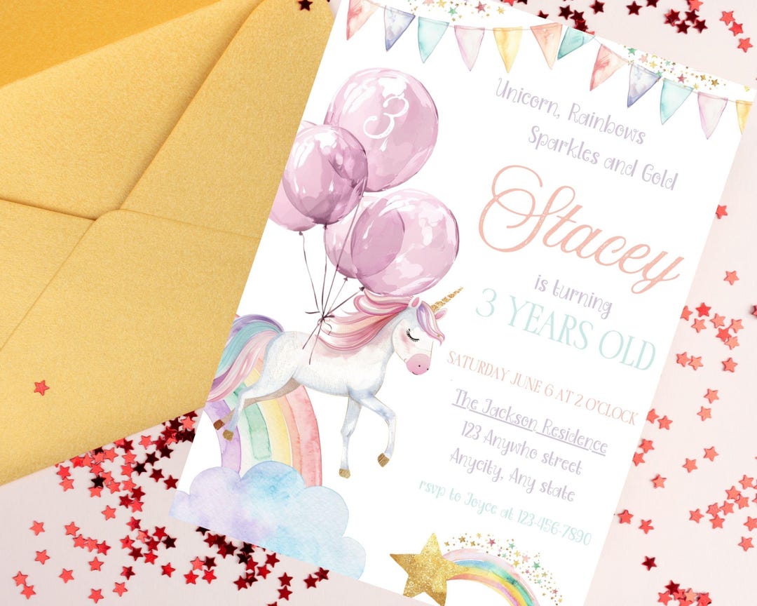 Unicorn Rainbow Sprinkles and Gold 3rd Birthday Party Invitation for ...