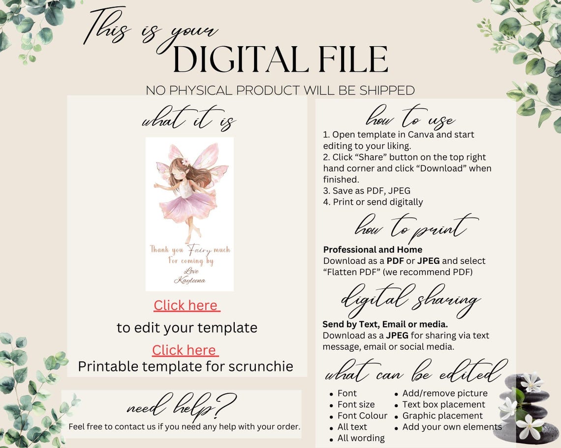 Fairy Scrunchie Thank You Tags Editable Thank You Scrunchie Tags Fairy ...