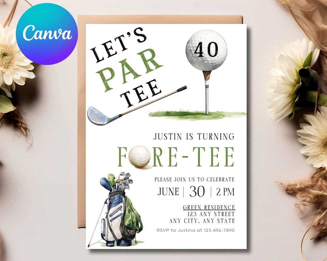 Editable Fore-tee Birthday Party Invite Mens Golf Forty Birthday Invite ...