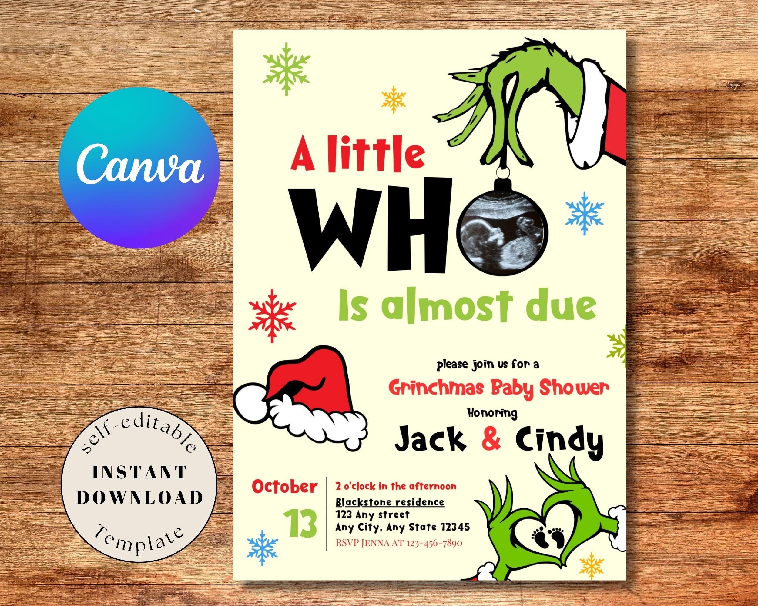 Editable A Little Who is Due Baby Shower Invitation Grinchmas Invite ...