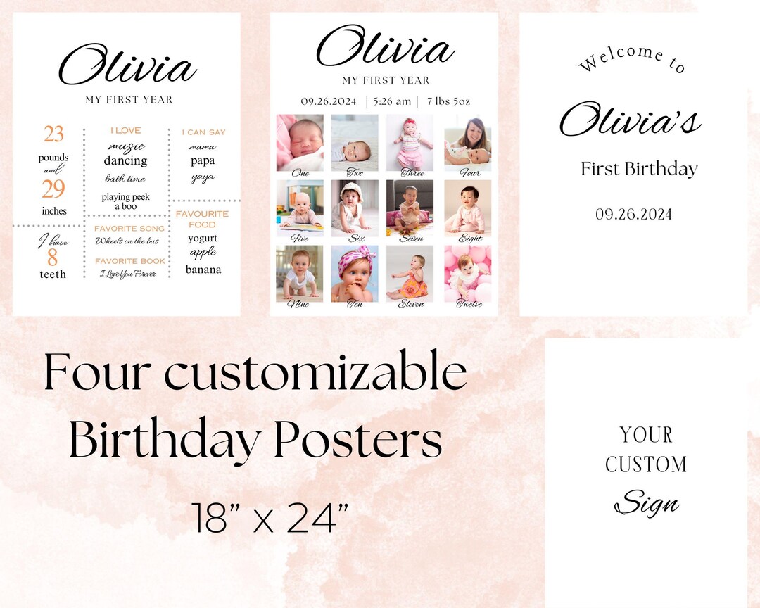 Minimalist First Birthday Photo Posters Template Baby's First Year ...