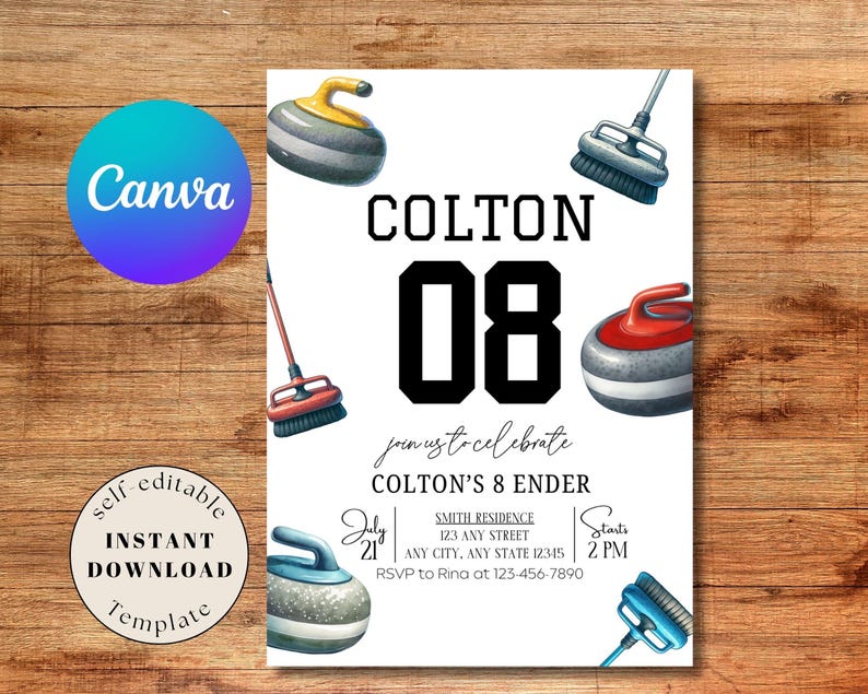 Curling Birthday Invitation Template: 8th Birthday Party (digital ...