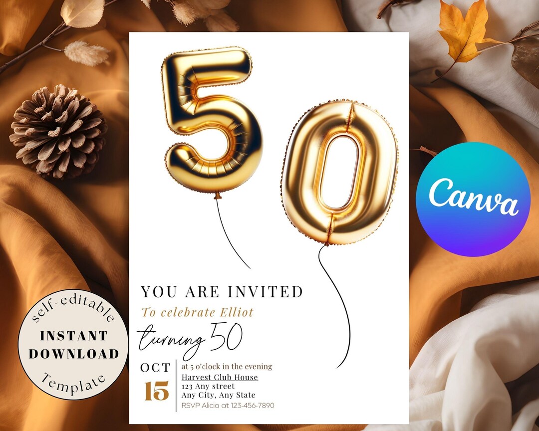 Editable 50th Birthday Invitation Fifty Bday Invite Digital Download ...