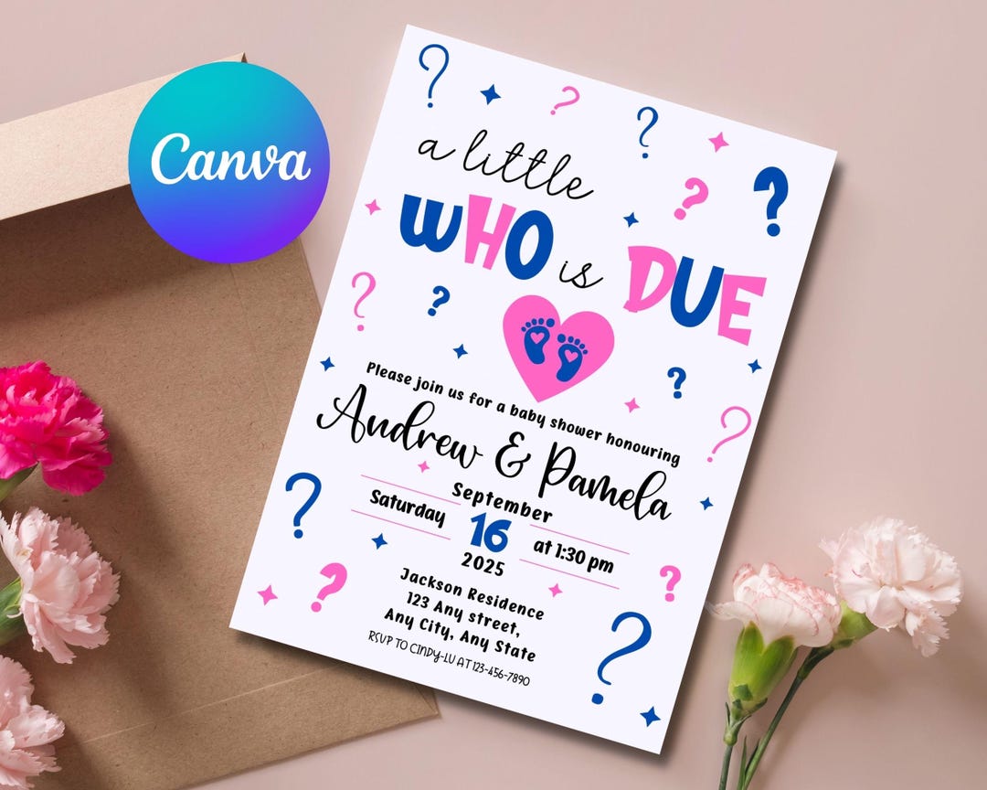 Editable Who is Due Baby Shower Invitation Gender Reveal Invitation ...