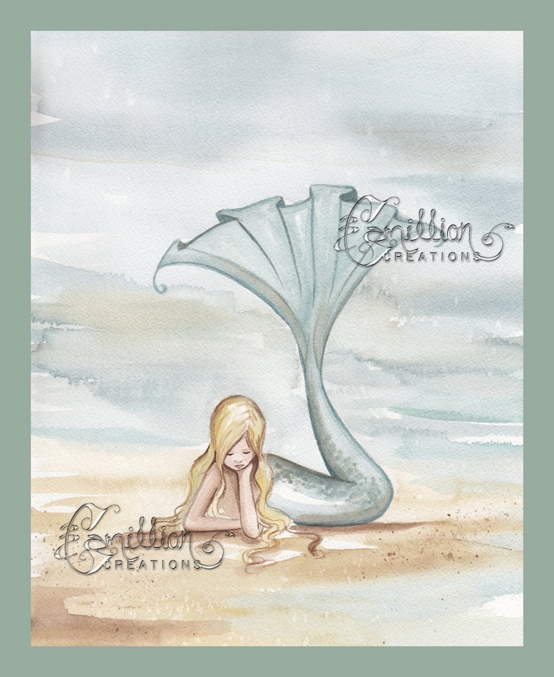 Mermaid Reflecting on the Beach Print From Original Watercolor - Etsy