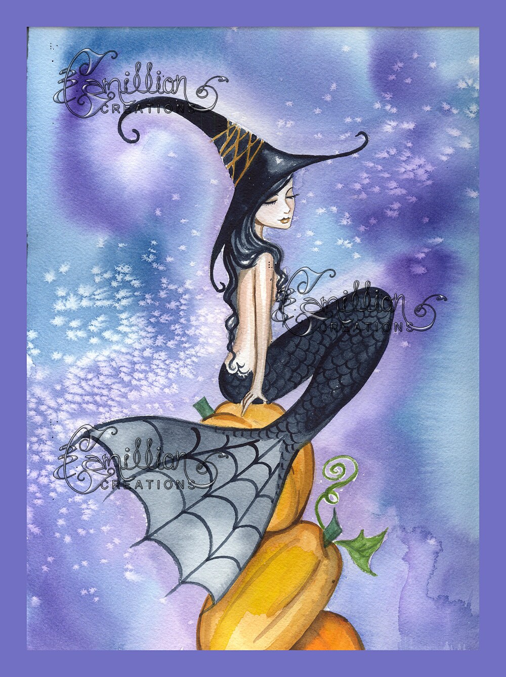Pumpkin Stack Mermaid Witch From Original Watercolor Painting | Etsy
