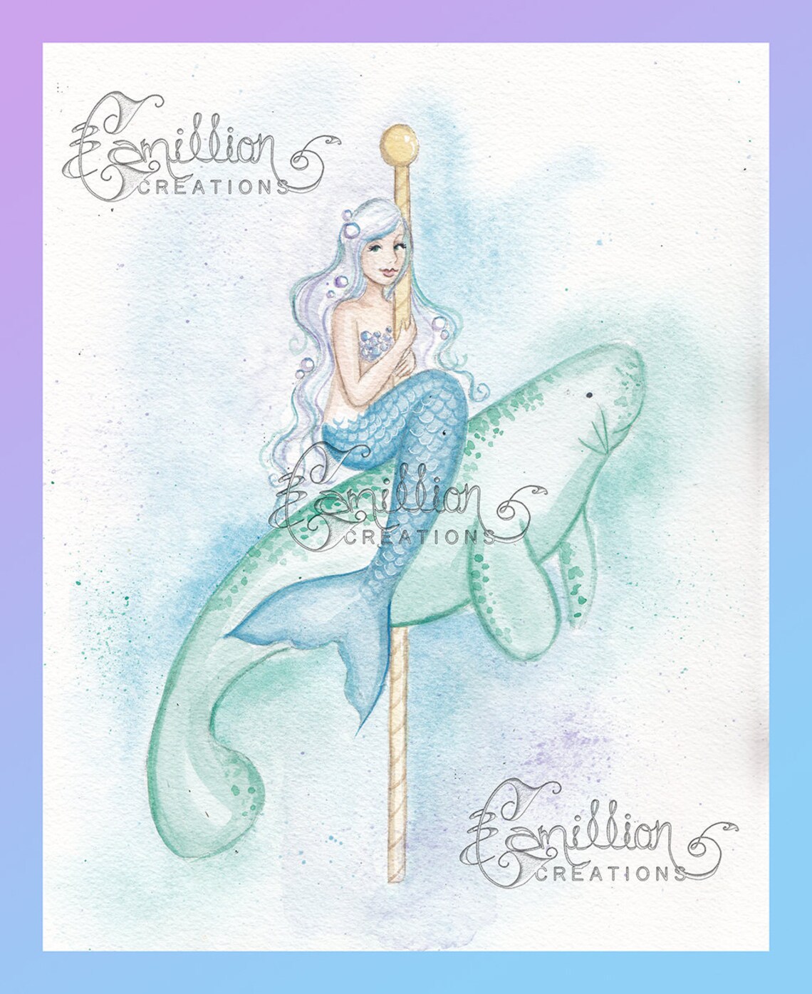 Carousel Manatee Mermaid Print From Original Watercolor Painting by ...