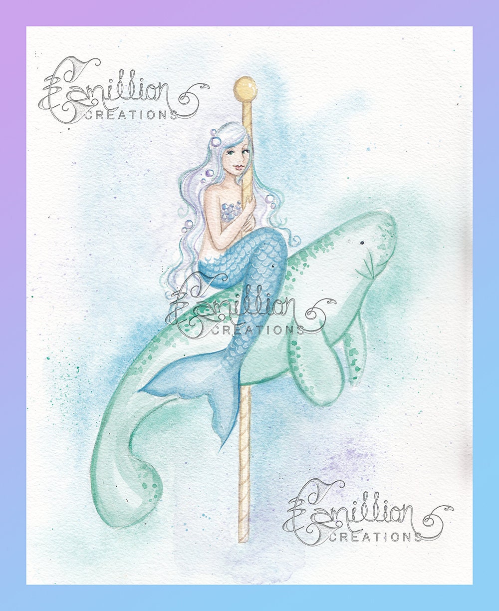 Carousel Manatee Mermaid Print From Original Watercolor - Etsy