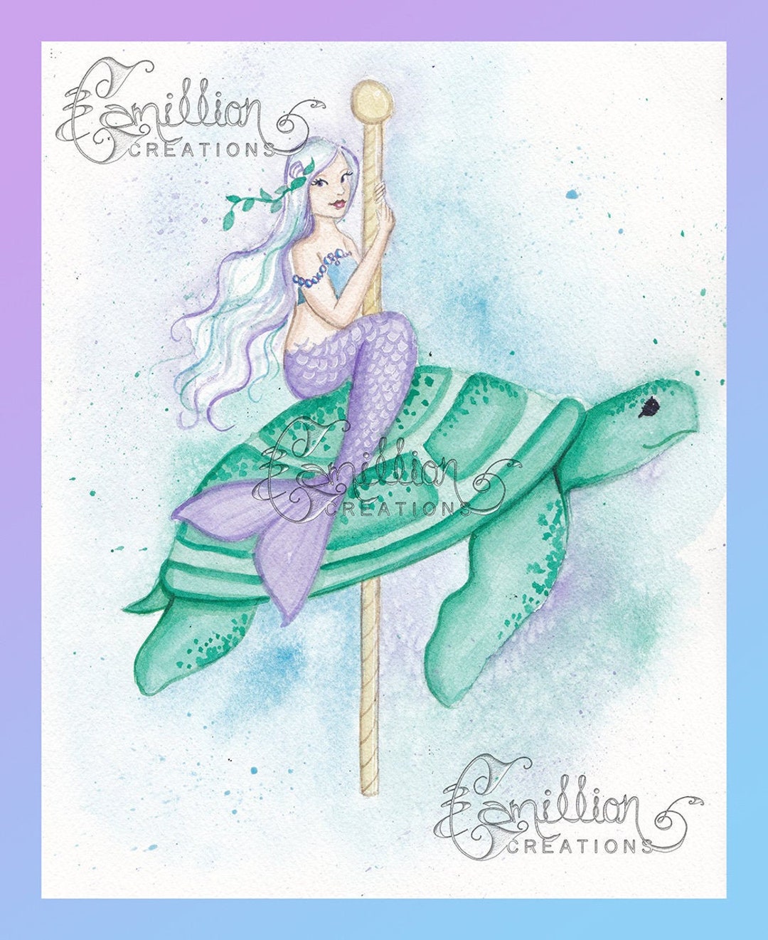 Carousel Sea Turtle Mermaid Print From Original Watercolor Painting by ...