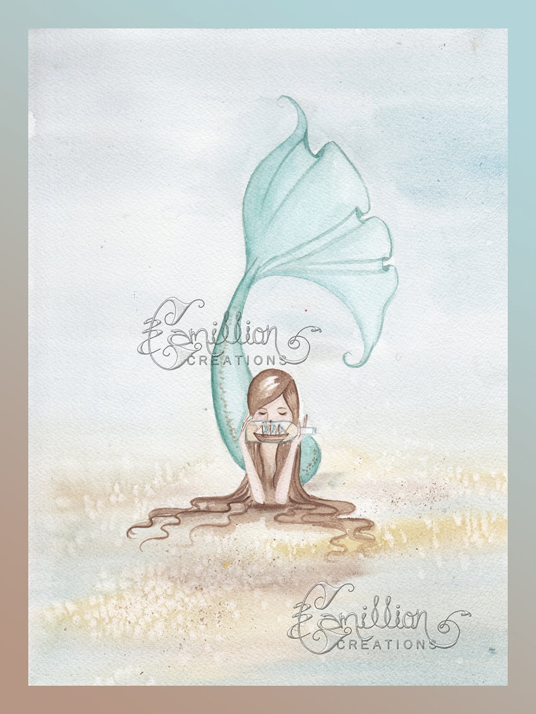 Trapped Ship in a Bottle Mermaid Print From Original Watercolor ...