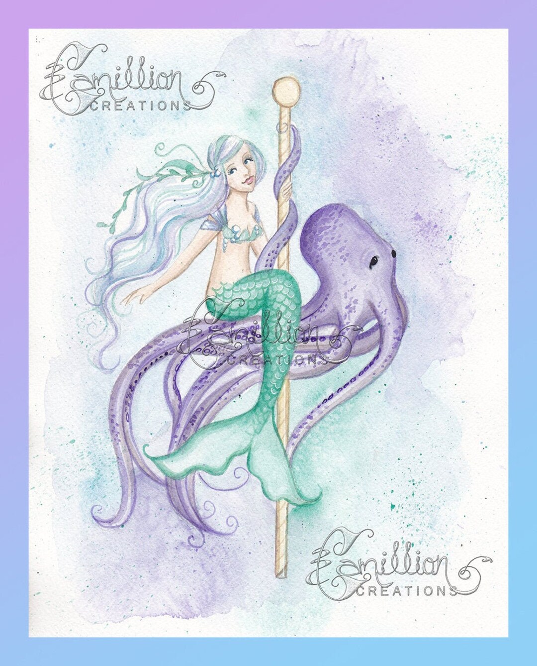 Carousel Octopus Mermaid Print From Original Watercolor Painting by ...