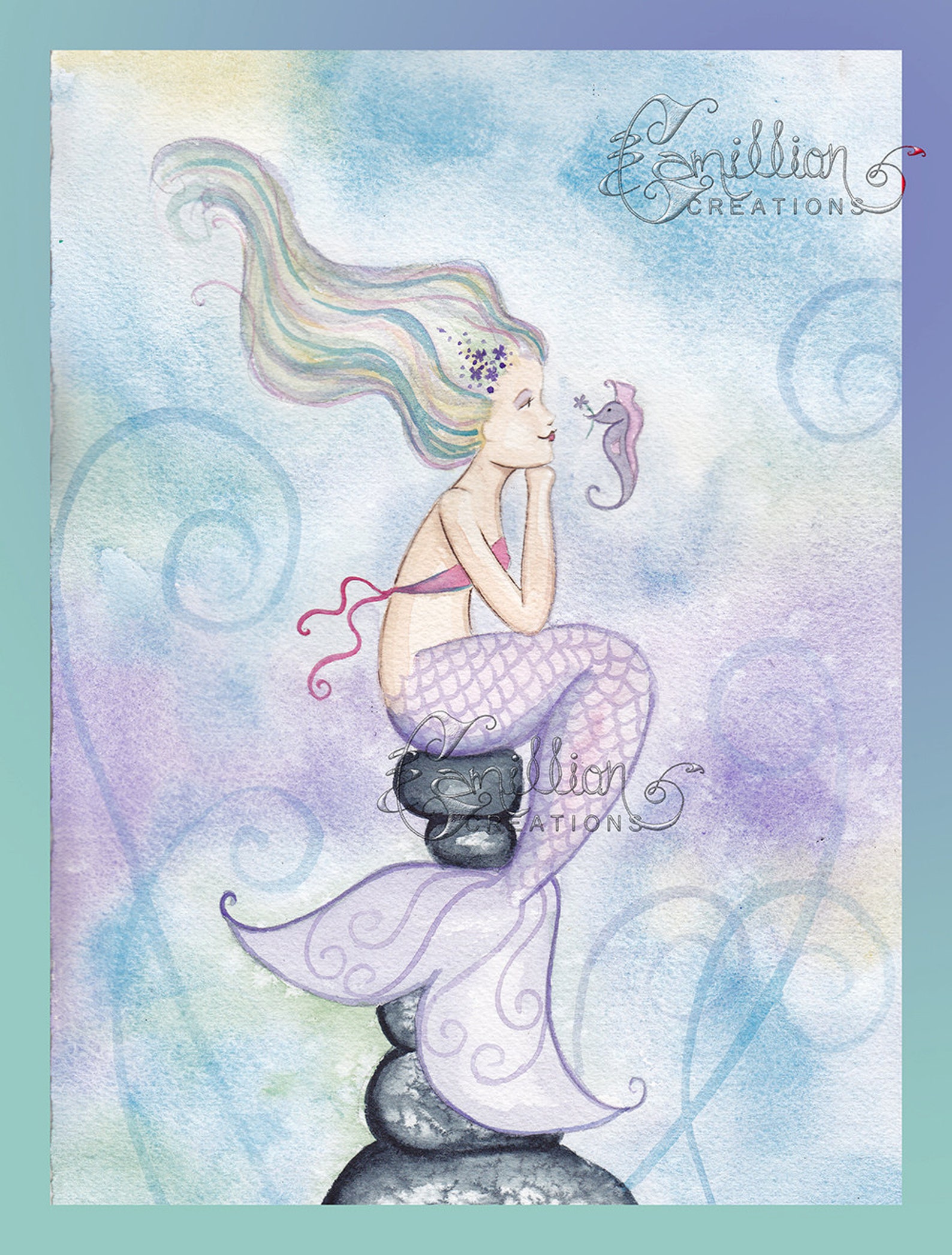 Forget Me Not Mermaid Print From Original Watercolor Painting | Etsy