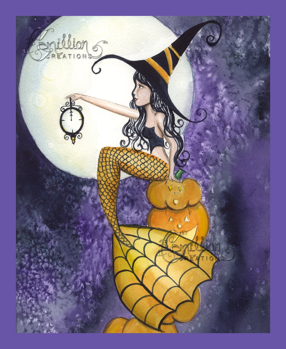 Mermaid Witch With Clock From Original Watercolor Painting by | Etsy