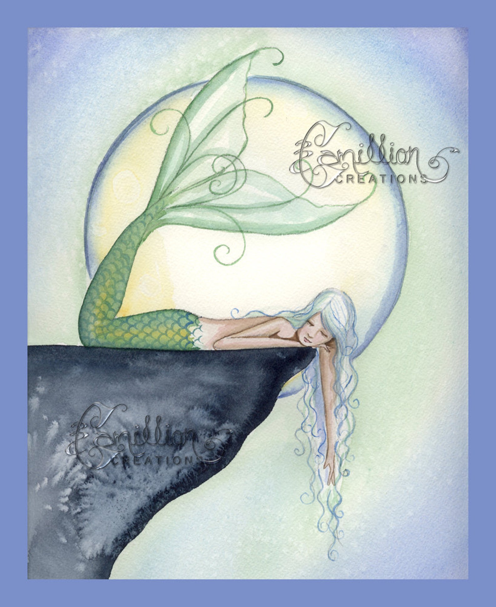 Sleeping Mermaid by Moon From Original Watercolor Painting by - Etsy
