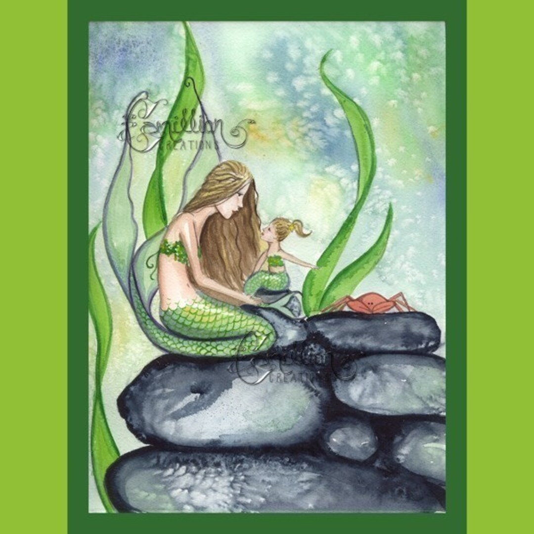 Mermaid, Daughter, and Crab From Original Watercolor Painting by ...