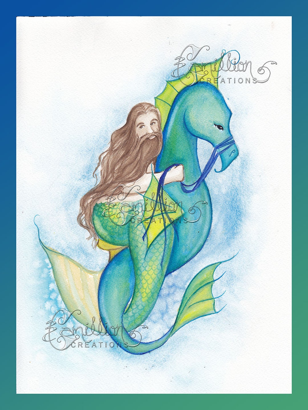 Sea Ride Merman and Seahorse Original Watercolor Painting by Camille ...