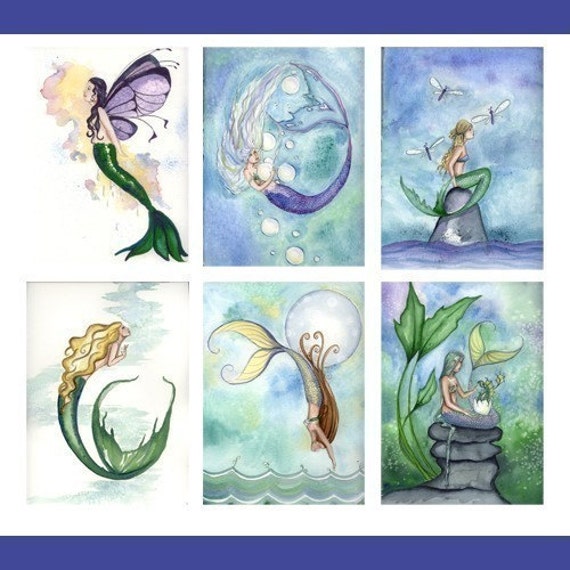 Six MERMAID NOTE CARDS From Original Watercolors by Camille - Etsy