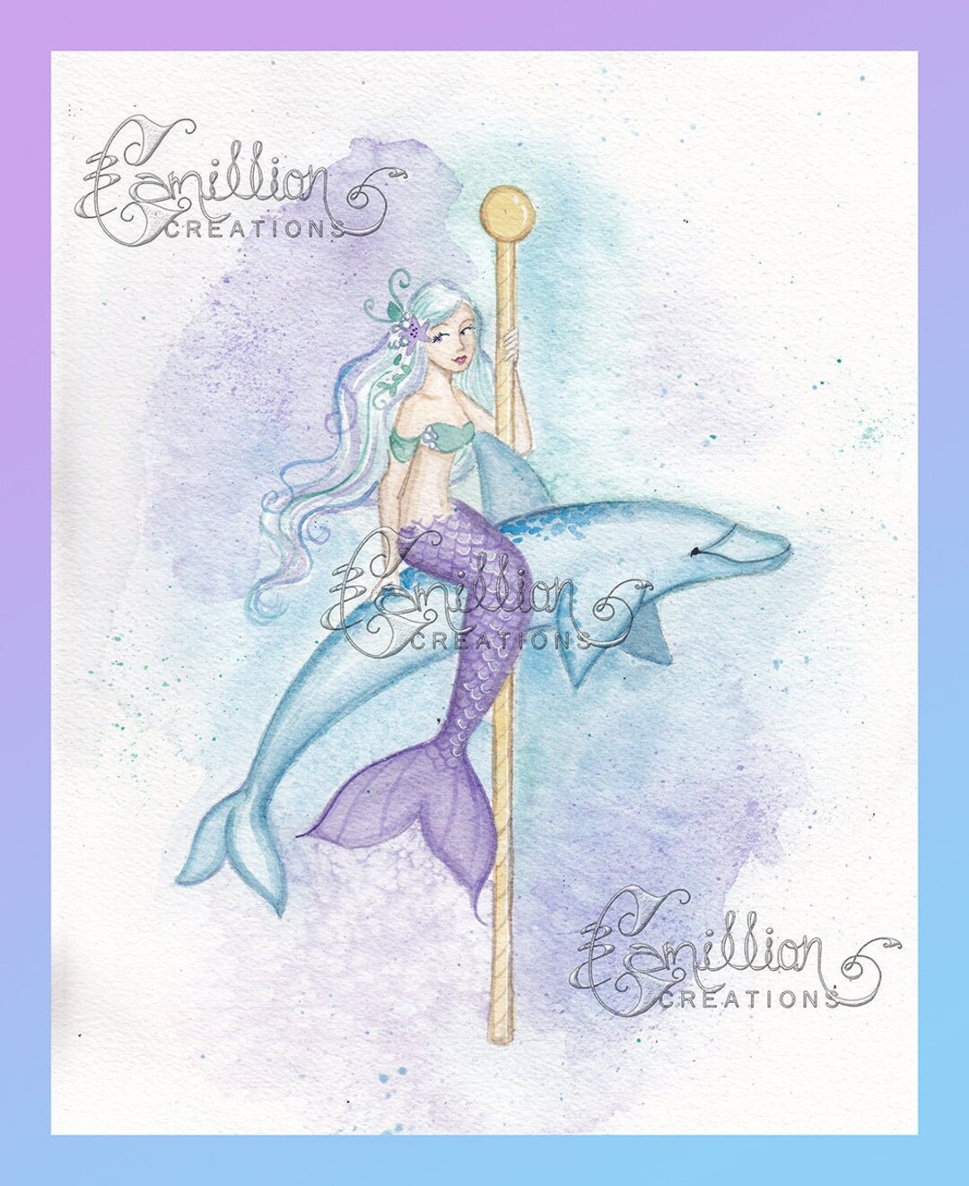 Carousel Dolphin Mermaid Print From Original Watercolor Painting by ...