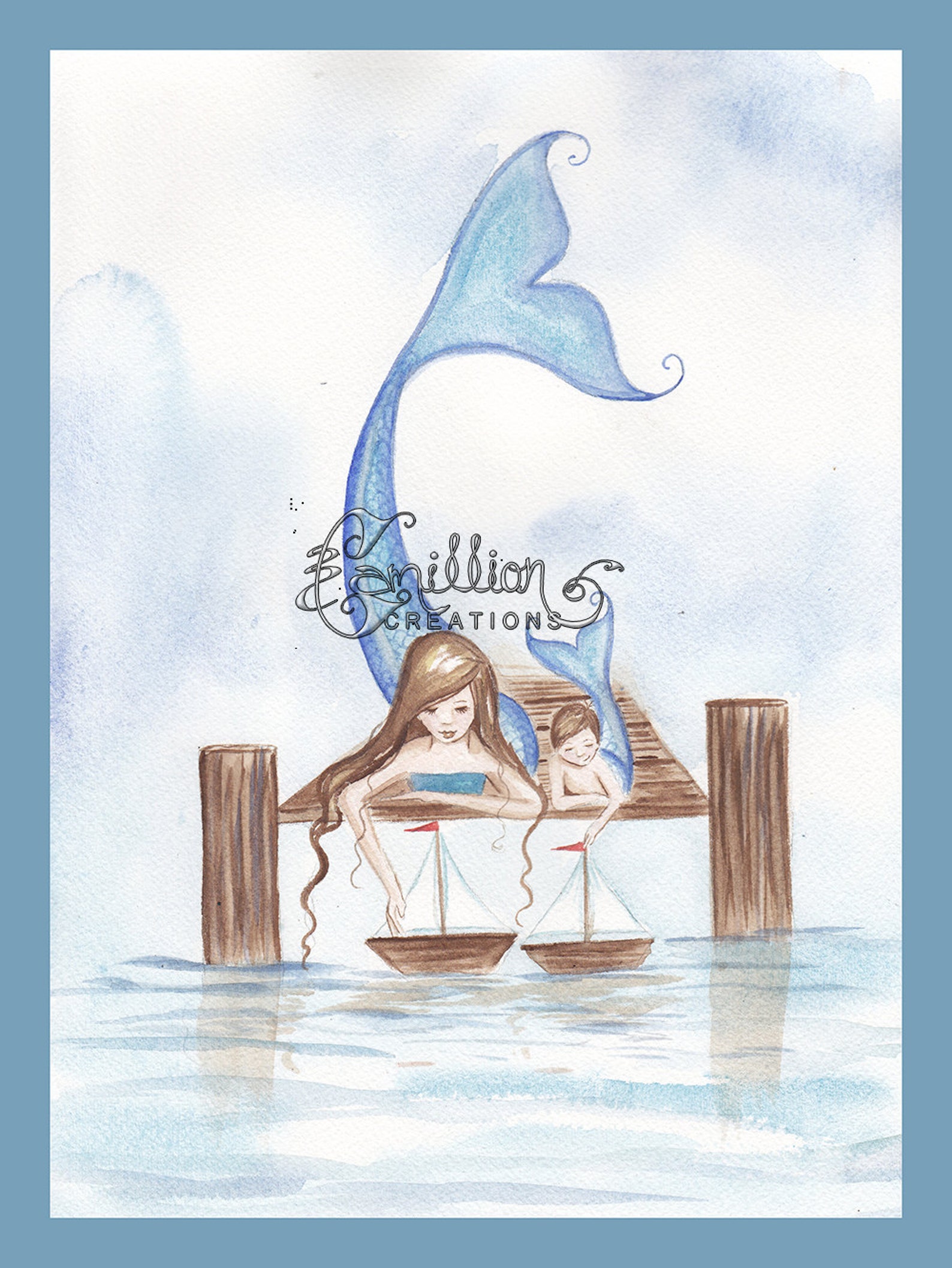 Sailboats Mermaid & Merboy Print From Original Watercolor - Etsy