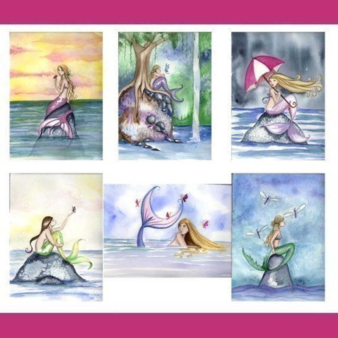 Six Spring MERMAID NOTE CARDS From Original Watercolors by - Etsy