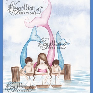 Sailboats Mermaid & Merboy Print From Original Watercolor Painting by ...